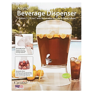 CreativeWare Beverage Dispenser With Ice Cylinder And Fruit Infuser, Clear