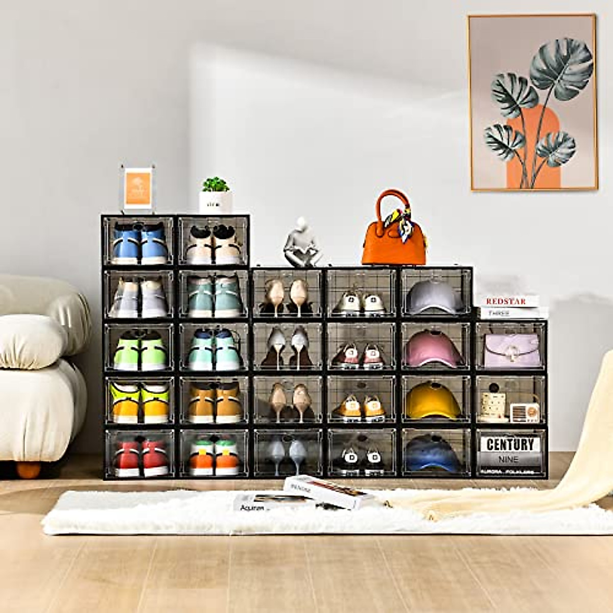 Amllas 10 Pack Shoe Boxes Stackable,Upgraded Sturdy Shoe Storage Boxes with Clear Magnetic Door,Multifunctional Sneaker Storage, Shoe Box Organizer Fit up to US Size 12 Gray(13.8”x 9.84”x 7.1”)