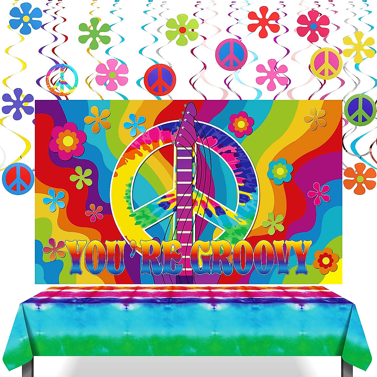32 Pcs Tie Dye Groovy 60's Party Decorations Hippie Party Supplies Tablecloth Backdrop Include Foil Swirl Decorations Tie Dye Tablecloth and Peace Sign Hippie Backdrop Retro Party Birthday Decorations