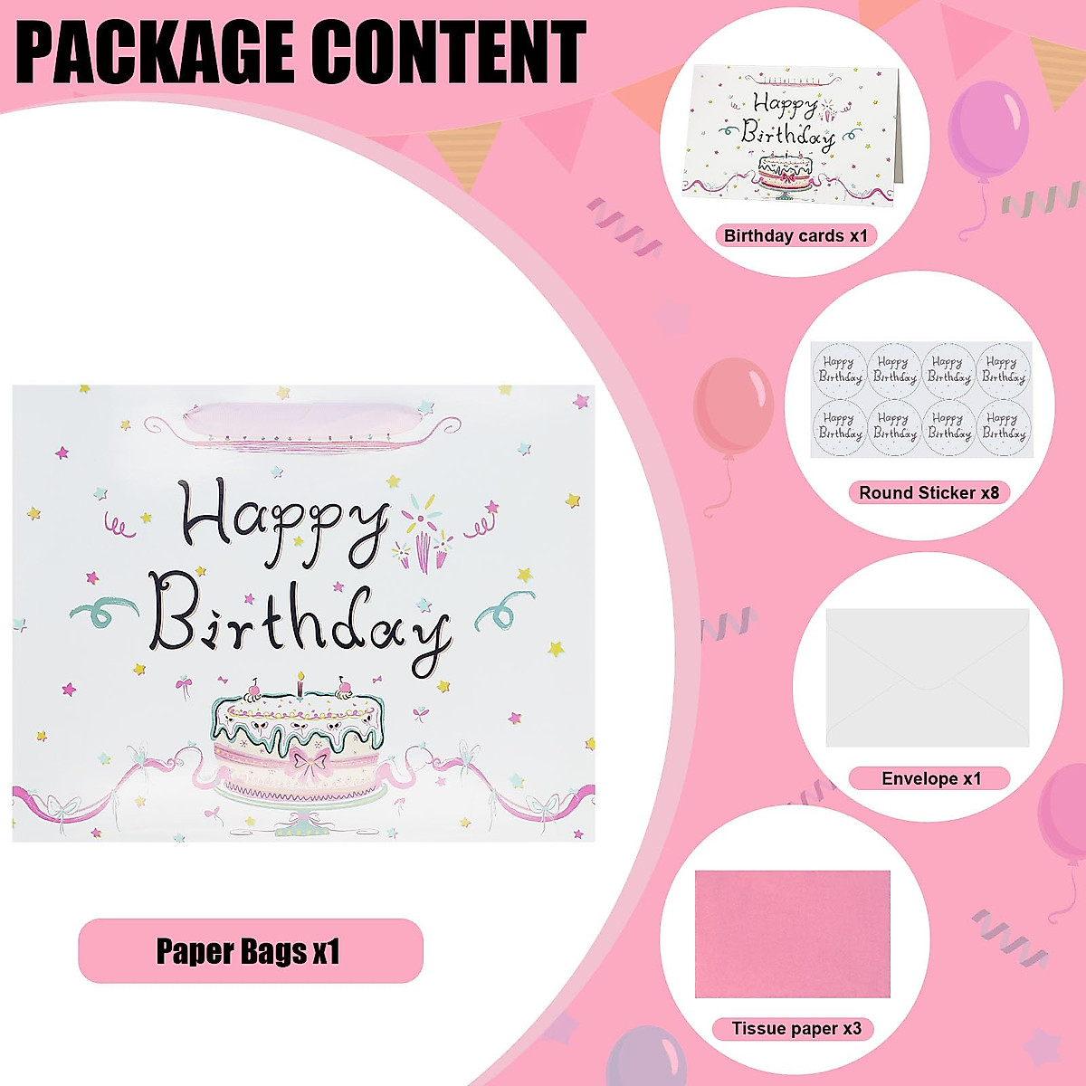 Oletx 13" Large Happy Birthday Pink Paper Bags,Pink Gift Party Favor Bags with Tissue Paper Birthday Card for Girls Women' Party,Baby Shower