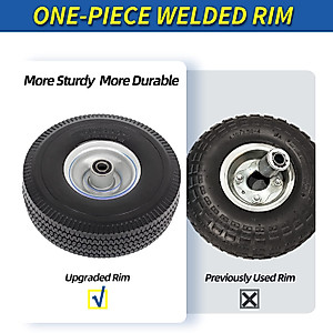 GICOOL 4.10/3.50-4" Flat Free Tire and Wheel, 10" Solid Tire with 5/8" Axle Bore Hole, 2.2" Offset Hub for Hand Truck Garden Wagon Cart Trolley Dolly Lawn Mover Replacement Tire