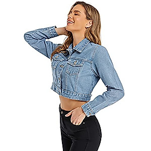PEIQI Women’s Cropped Jean Denim Jacket Button Down Long Sleeve with Pockets Light Blue Medium