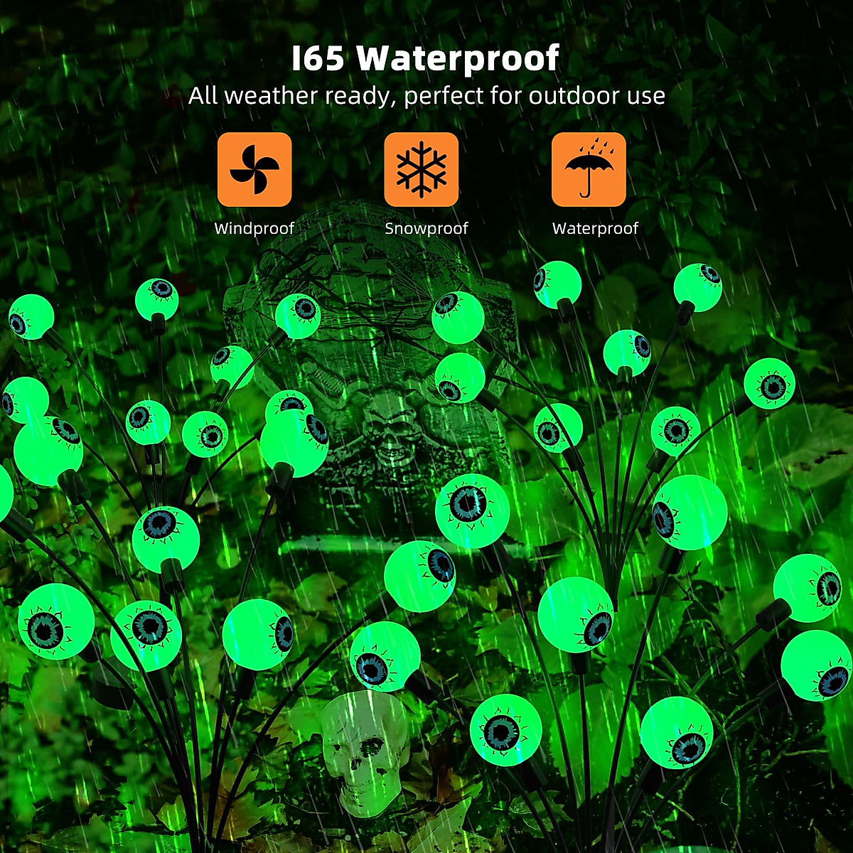 2PACKS 16LED Solar Scary Eyeball Lights Halloween Decor Outdoor, 28" Halloween Solar Powered Firefly Yard Lights Waterproof Outside Swaying Decorations for Garden/Lawn/Party, 2 Modes (Green)