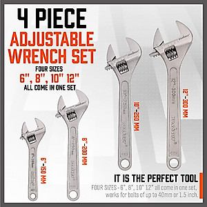 HORUSDY 4-Piece Adjustable Wrench Set, CR-V Steel, Crescent Wrenches Set(6-inch, 8-inch, 10-inch, 12-inch)