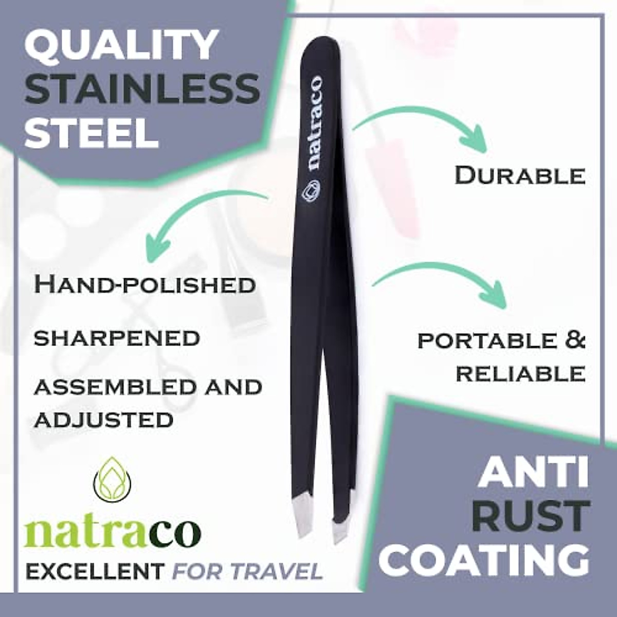 Stainless Steel Slant Precision Tweezers – Professional Tweezers for Eyebrows & Hair Removal – Black (Pack of 2)