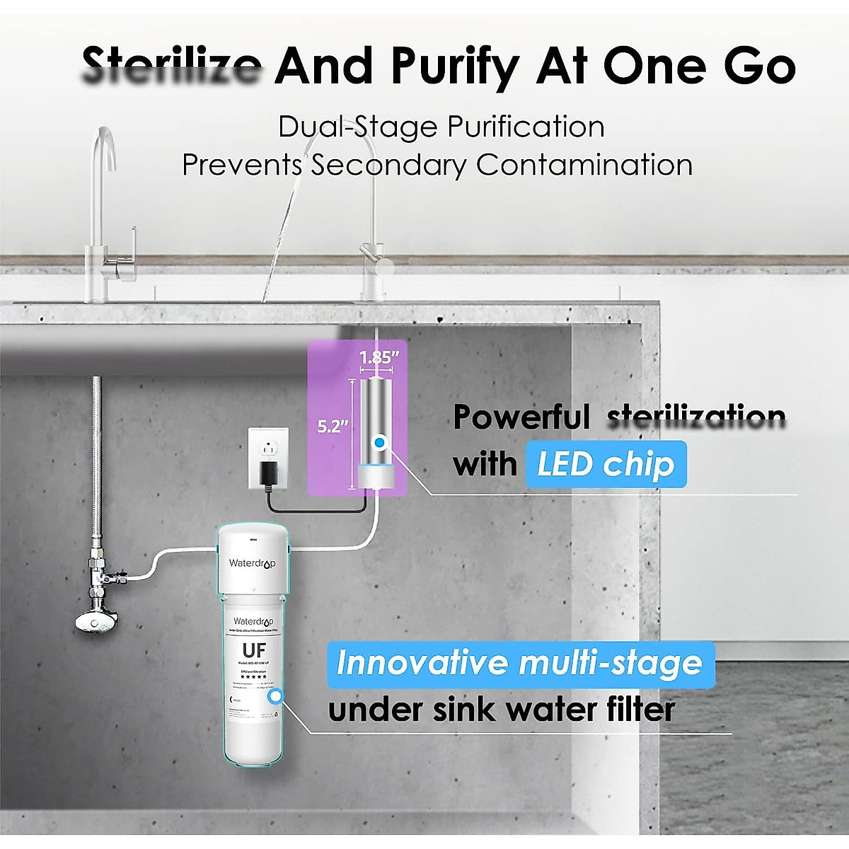 Waterdrop 10UBW-UF 0.01 μm Ultra Filtration Under Sink Water Filter System and LED UV͎ Ultrąviolët Water Sterilizër Filter for Kitchen, Mercury-Free, FCC Certified, Stainless Steel, 50 Years Life Time