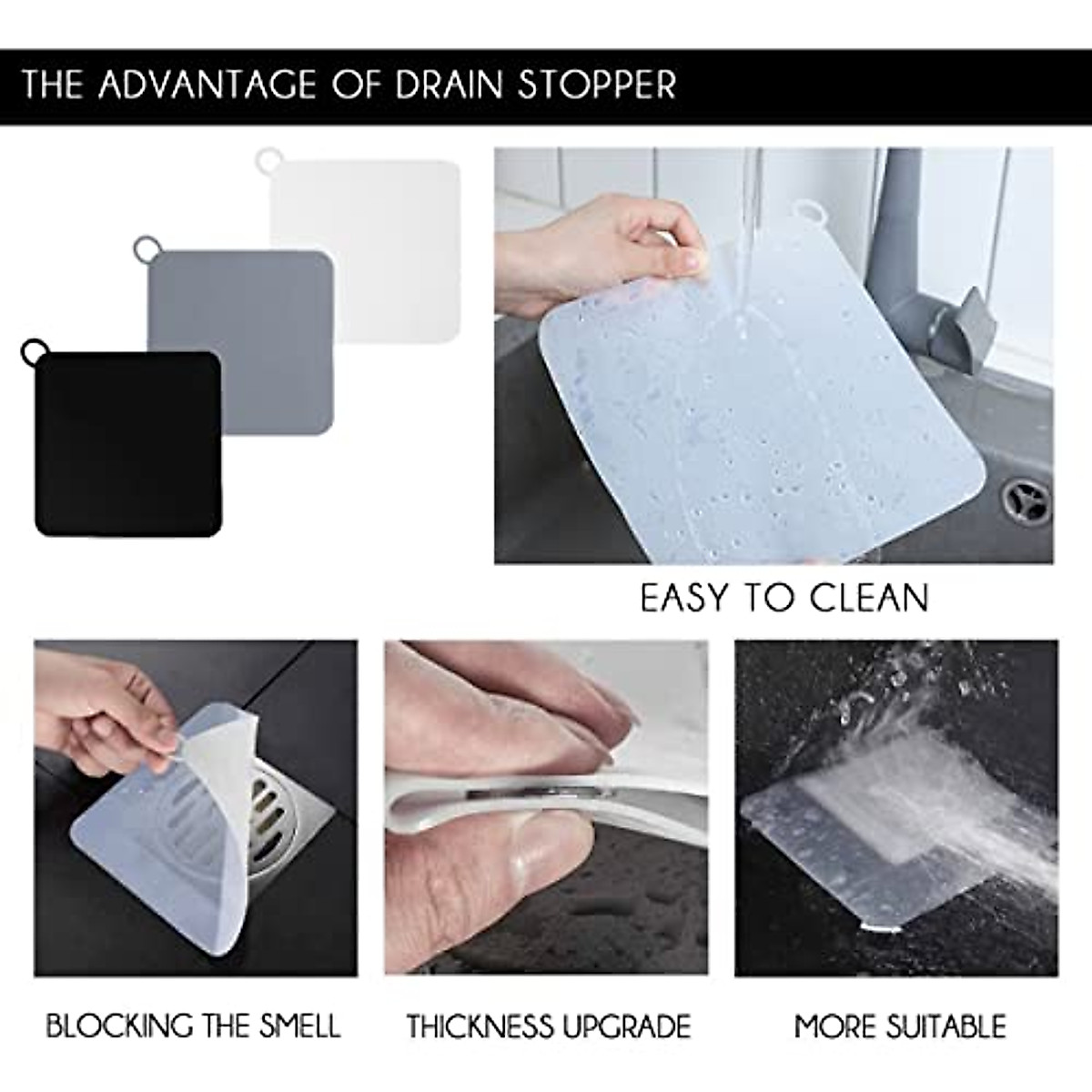 SUQMZAK Tub Stopper Silicone Drain Stopper,Bathroom Drain Anti-Odor Mat,Shower Drain Stopper for Bath, Kitchen Sink Cover for Bathroom Toilet Kitchen and Laundry 3 Pieces(Grey、White、Black) …