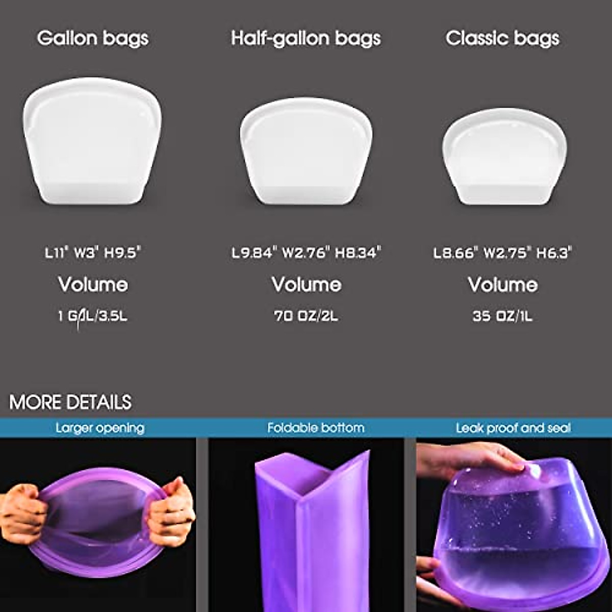 KVK 100% Platinum Silicone Bag Quart Half-Gallon 1 Gal Reusable Food Storage Bags Leakproof Freezer Sous Vide Container Oven Microwave Dishwasher Safe - Pink