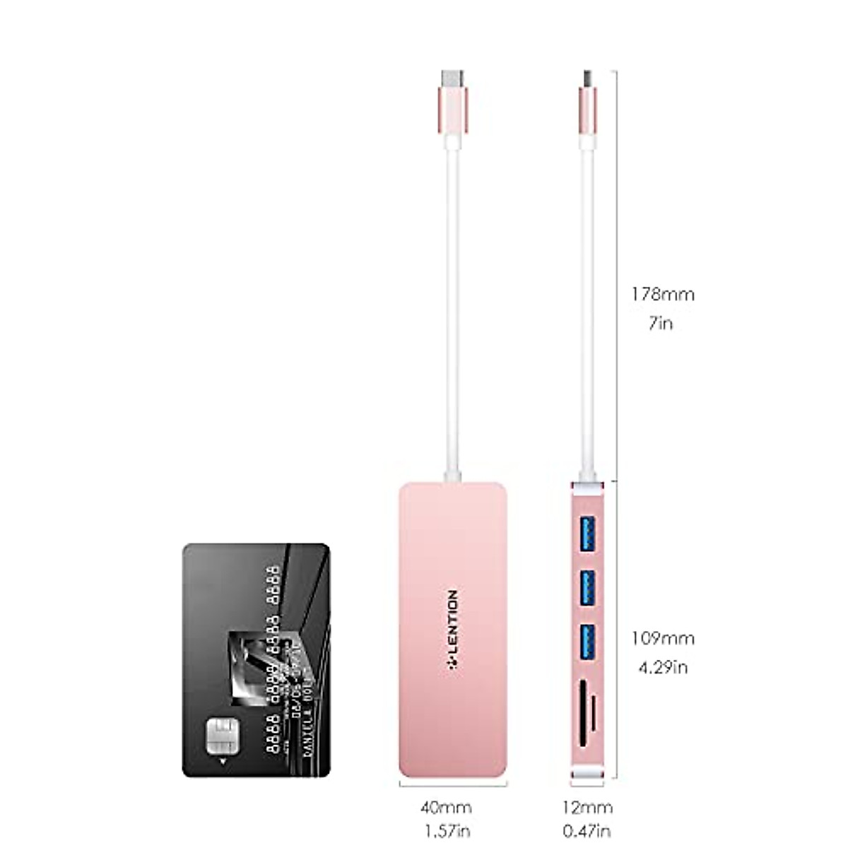 LENTION USB C Hub with 3 USB 3.0 & SD/Micro SD Card Reader Compatible 2022-2016 MacBook Pro, New Mac Air/iPad Pro/Surface, More, Stable Driver Certified Type C Adapter (CB-C15, Rose Gold)