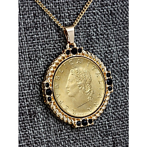 American Coin Treasures Italian 20 Lira Coin Pendant Necklace - Italian 20 Lire Goldtone Pendant with Faceted Round Jet Glass Stones| Italian Medallion Pendant