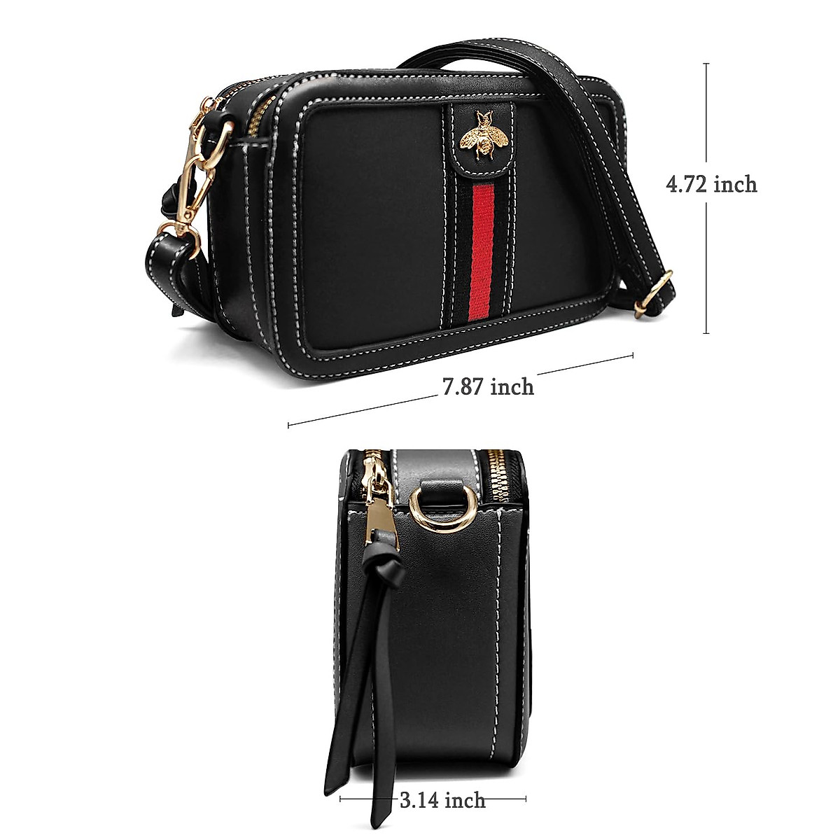 Beatfull Designer Bee Crossbody Purse for Women PU Leather Shoulder Handbag with Black-Red Strip Camera Clucth (Black)