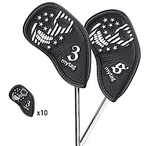 caiobob Mytag Golf Iron Head Cover Wedge Headcover Set Black Synthetic Leather Skull Skeleton Irons Protector (10pcs Iron Set(3,4,5,6,7,8,9,P,A,S))