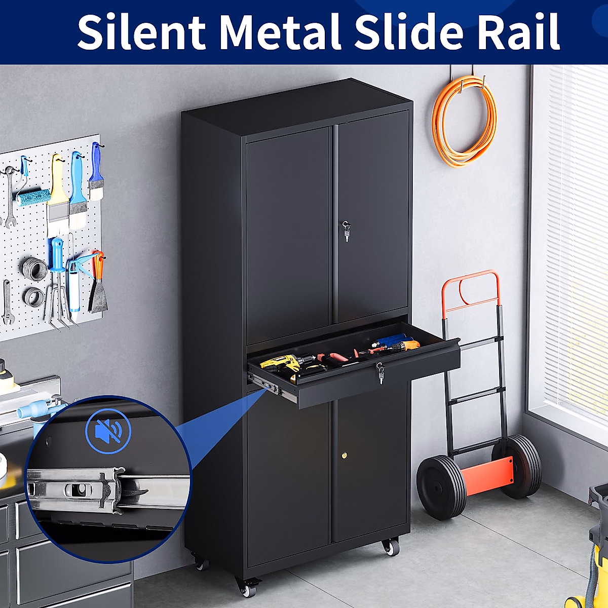 Yizosh Metal Garage Storage Cabinet with Locking Doors and Adjustable Shelves, Rolling Tool Storage Cabinet with 4 Wheels and 1 Drawer - 73" Steel Locking Cabinet for Garage, Warehouse (Black)