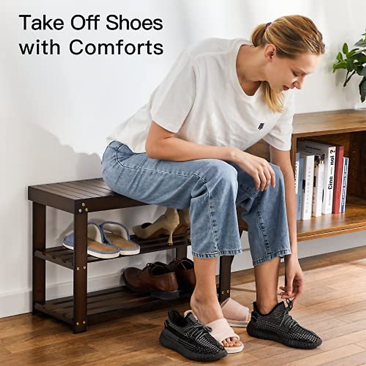 Pipishell Bamboo Shoe Rack Bench with Bamboo End Tables