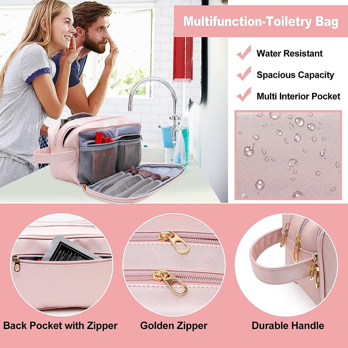 Travel-Accessories Makeup Bag for Women,Water Resistant Toiletry-Bag-For-Travel-Essentials,Dorm Room Essentials,Eco Leather Cosmetic Bag for Full Size Toiletries,Mother's Day Graduation Gifts for Her