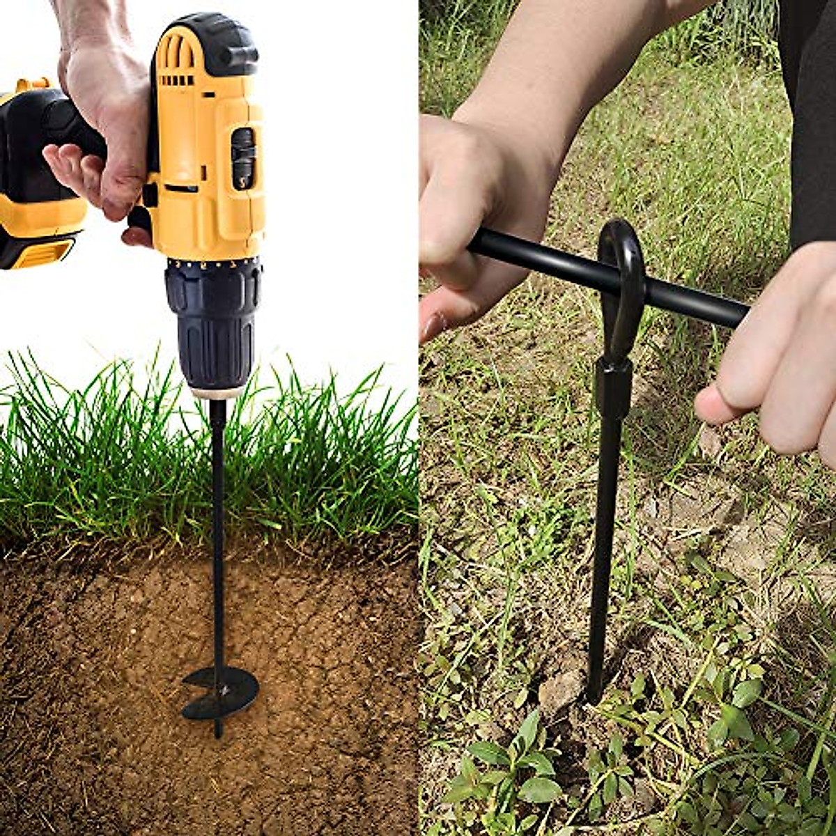 MIXXIDEA 15 inch 4 Pack Ground Anchor Stakes, Dual-Purpose Heavy Duty Metal Earth Augers for Tents, Canopies, Trampoline Sheds, Car Ports, Swing Sets, Small Buildings (Black-4 Pack)