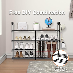 DYJIEKAI 2 Rows 4 Tier Shoe Rack, Black Metal Shoe Racks, Stackable Shoe Shelf with Multifunctional Hooks, Hold 16-20 Pairs, Space Saving Shoe Rack, Shoe Rack for Closet,Shoe Organizer
