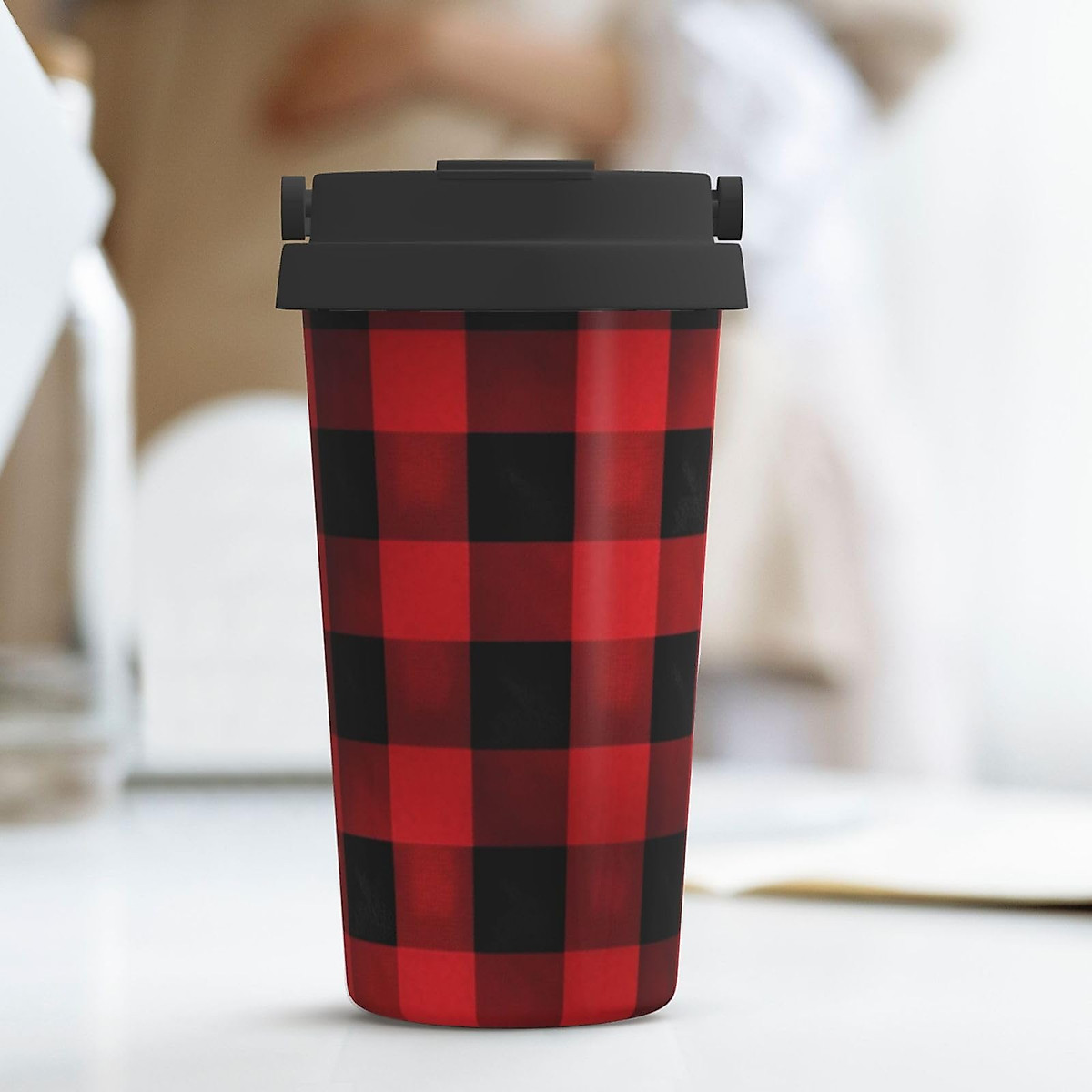 Red Black Buffalo Check Plaid Pattern print Coffee Mug 17oz Double Stainless Steel Insulated Tumbler Cup With Handle and Non-Slip Base Travel Tumbler Cup Reusable Coffee Cup for Men Women Office Gift