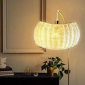 Brightech Wave Arched Floor Lamp – Unique Hanging Wicker Shade for Living Rooms – Rattan Style Matches Boho and Other Décor – Arcs Over Sofas and Dining Tables for Compliments - Brass