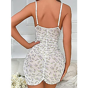 SOLY HUX Women's Floral Print Lace Trim Deep V Neck Babydoll Lingerie Chemise Nightgown with Thong 2 Piece Blue Floral M