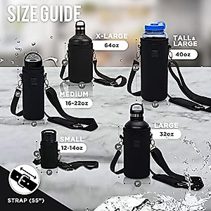 Made Easy Kit Neoprene Water Bottle Carrier Holder with Adjustable Shoulder Strap for Insulating & Carrying Water Container Canteen Flask Available in 5 Sizes (Black, L (32oz / 1.5L))