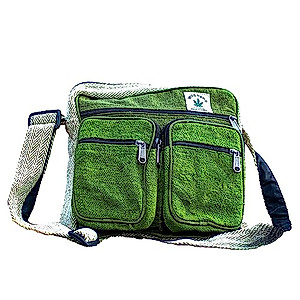 Fwosi Hemp Crossbody Messenger Bag - Unisex School Tote for Men & Women - Lightweight, Bohemian Shoulder Sling Bags - 4 Compartments, Zipper Closure, Adjustable Strap - Handmade in Nepal - Green