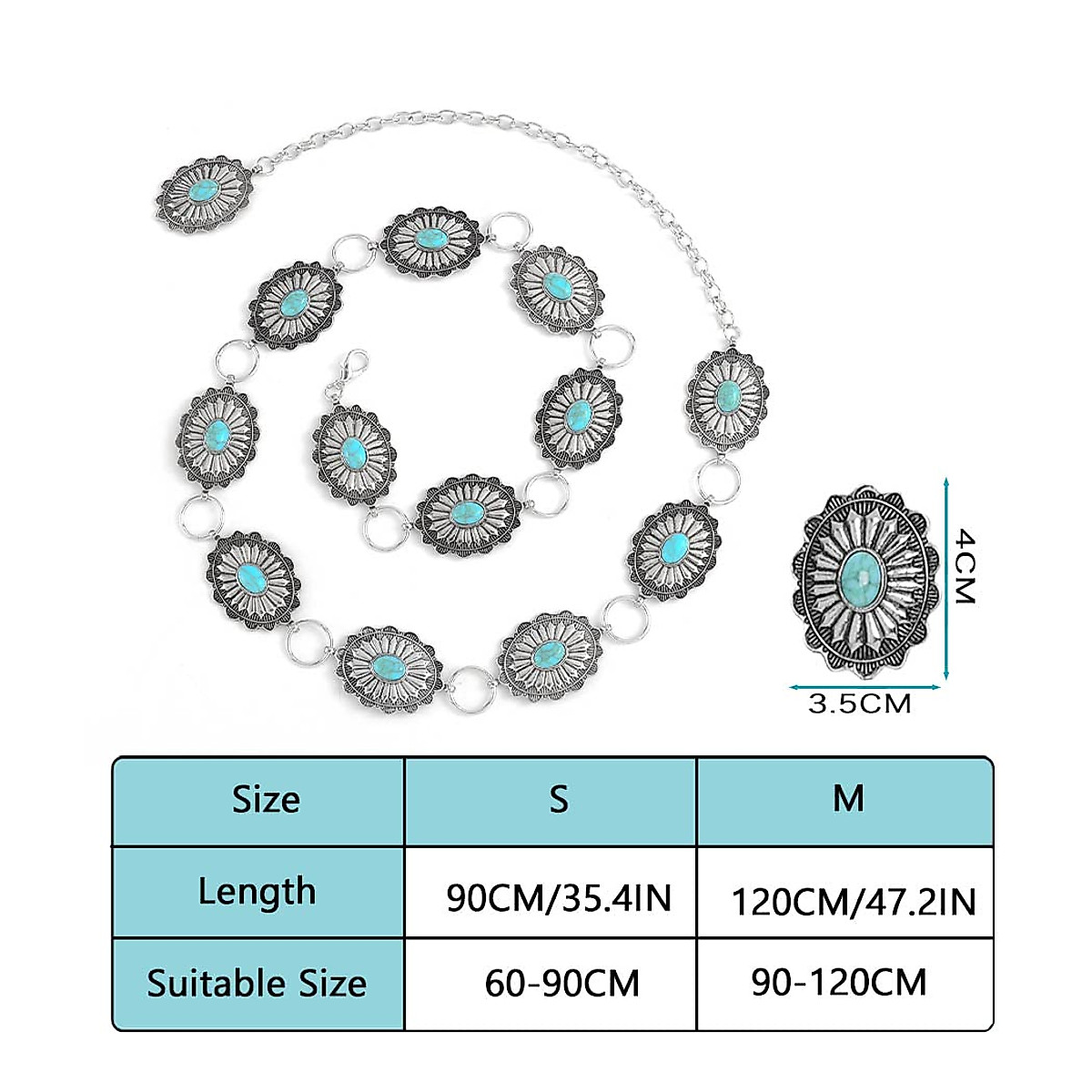 Navoky Turquoise Chain Belts Concho Belt Silver Metal Western Waist Chain Retro Boho Cowgirl Outfit Accessories for women (C, Medium)