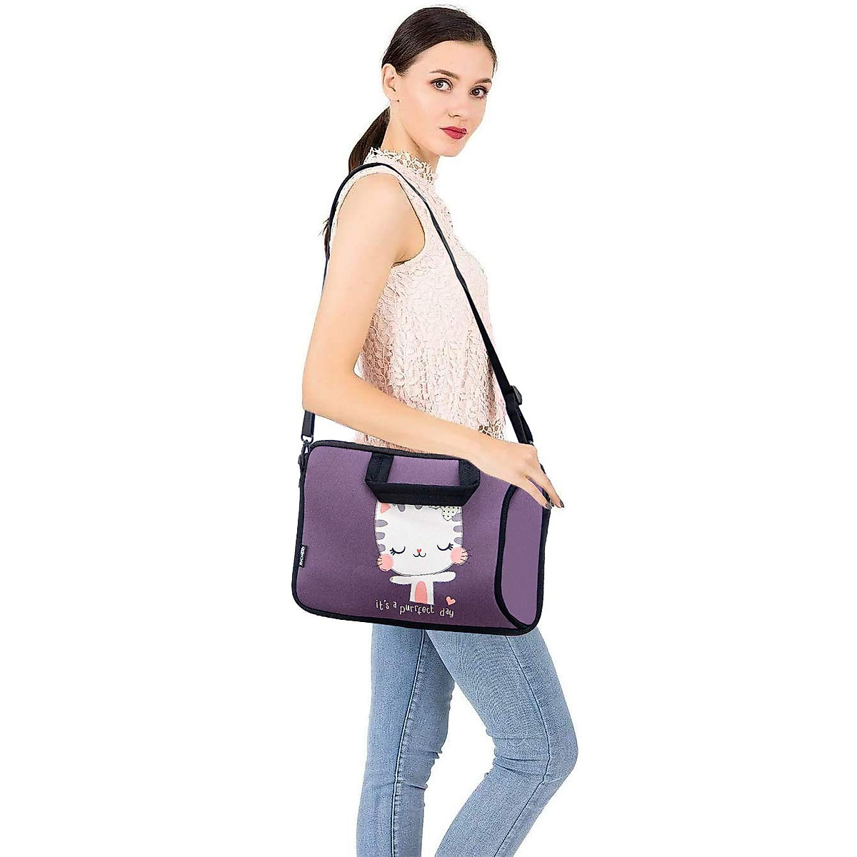 RICHEN 17 inch Laptop Shoulder Bag Carrying Case Computer PC Cover Pouch with Handle Fits 15.6/16/17/17.3/17.4 inch Laptop Notebook (16-17.3 inch, Cute Cat)