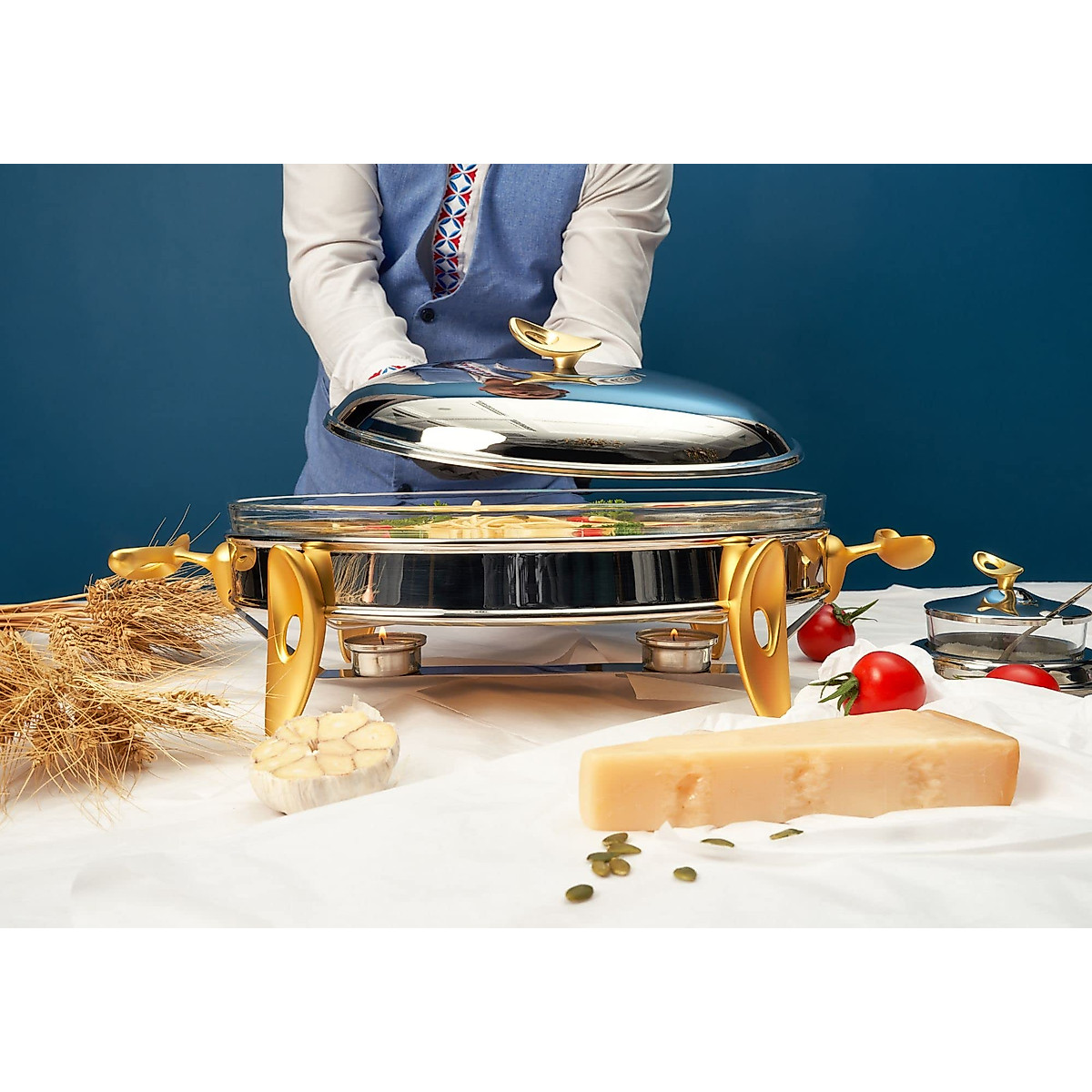 Rigeli Regent O2 Stainless Steel 3 Lt. Oval Warmer with Stainless Steel Cover, Chafing Dish, Buffet Servers, Gold, Silver