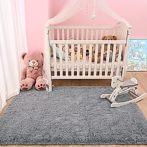 Przemy Fluffy Bedroom Rug 4 x 6 Ft Area Rugs for Living Room, Super Soft Shag Rug, Indoor Modern Fluffy Carpet Rugs for Bedroom Kids Girls Room Dorm Home Decor, Non-Slip Plush Nursery Rug, Grey
