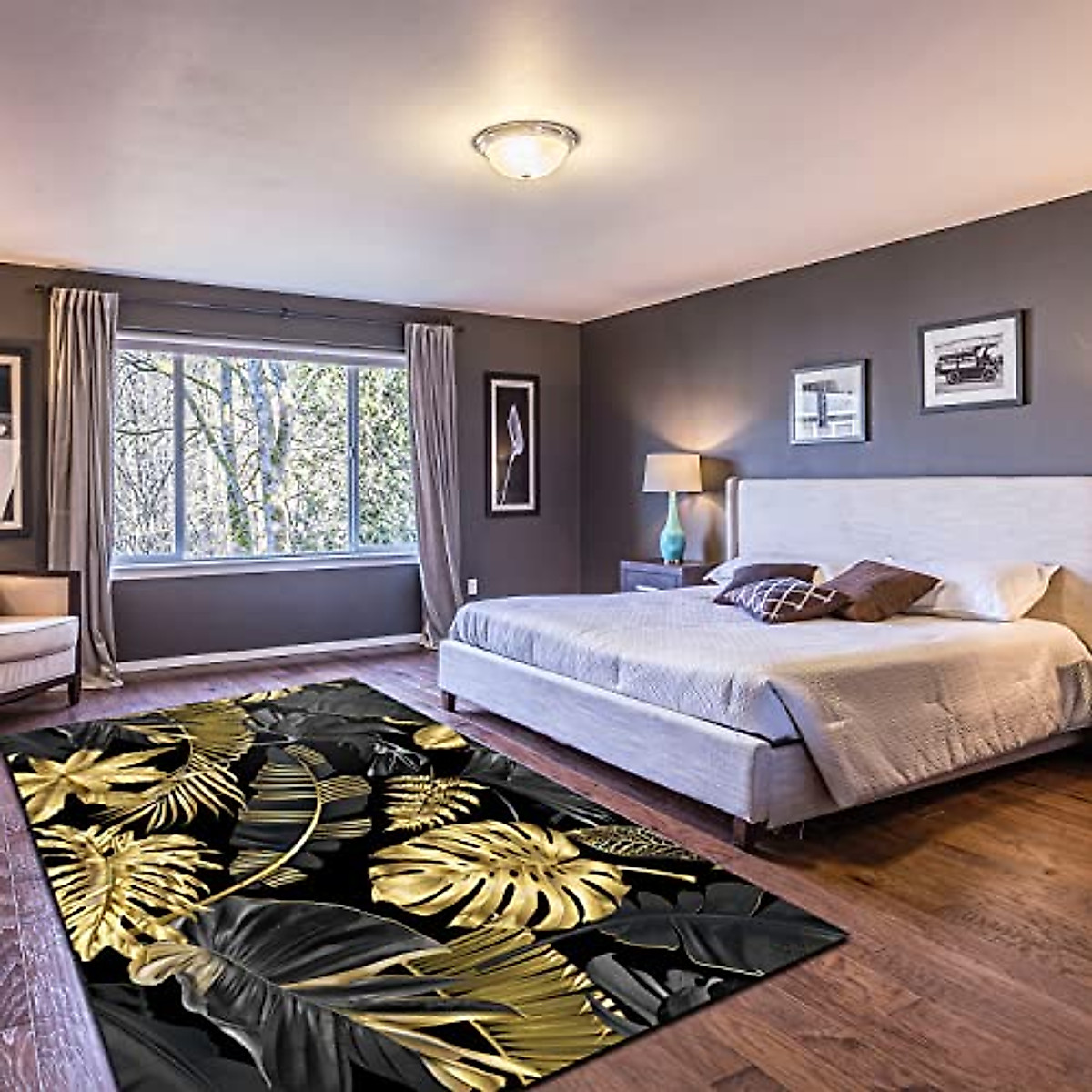 Light Luxury Black and Gold Leaf Area Rug, Luxurious Characteristic Decorative Rug, Soft and Fluffy Soft Foot Feeling High Cost Performance Very for Living Room Bedroom Terrace Balcony 3x5ft