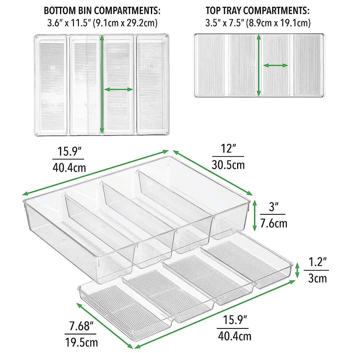 mDesign Plastic Kitchen Drawer Organizer Tray Set - Horizontal Storage Bin for Organizing Cutlery, Flatware, Silverware, Utensil, and Appliances - Ligne Collection - Clear