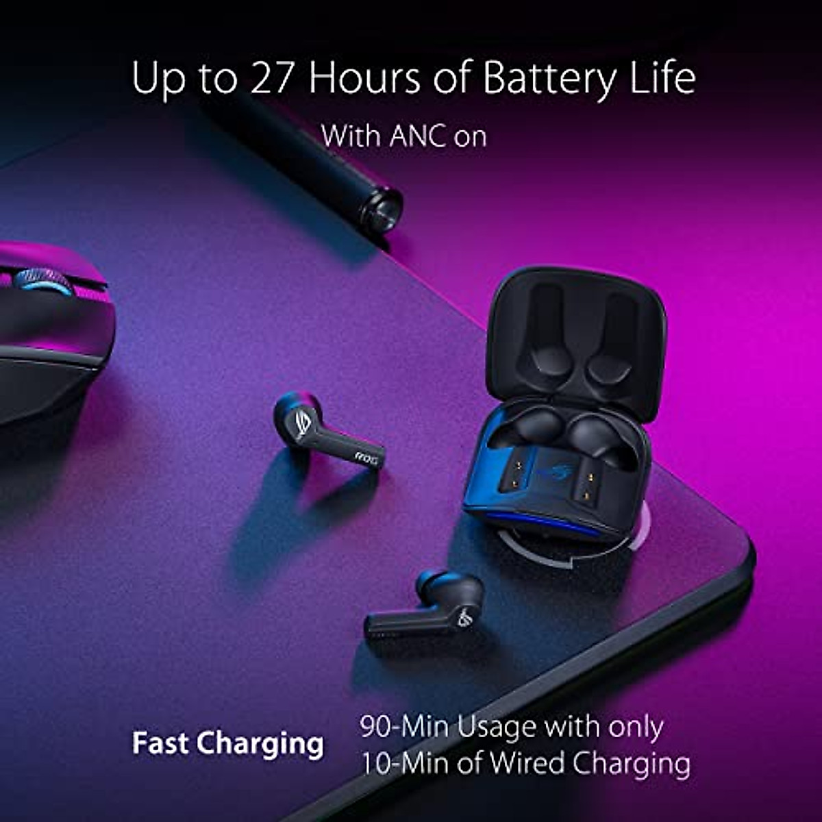 ASUS ROG Cetra True Wireless Gaming Headphones (Low-Latency Bluetooth Earbuds, Active Noise Cancelation, 27-Hour Battery Life, IPX4 Water Resistance, Wireless Charging)- Black