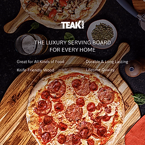 Teakhaus Atlas Pizza Serving Board with Handle - Large Round Wooden Board for Serving Pizza, Appetizers, Cheese and Bread - Perfect Charcuterie and Tapas Board - Knife Friendly - FSC Certified