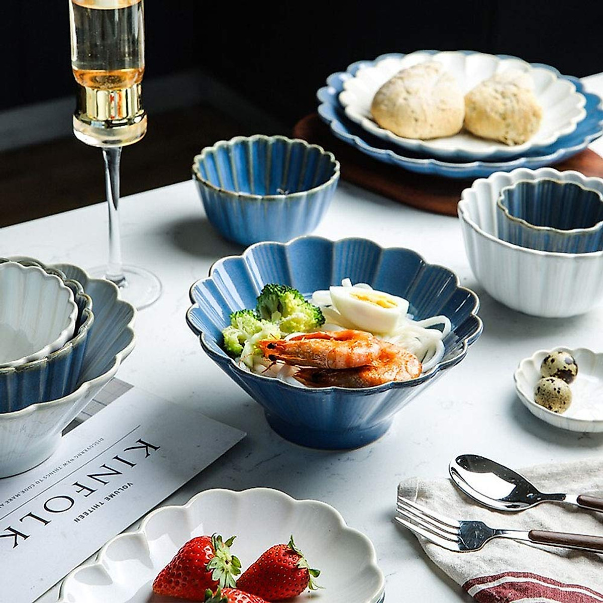 Ceramic Kitchen Dinner Set ServiceDishes/Plate/Bowl Set,12 Pieces Dinnerware Set, Thick and Durable Dinner Set, Creativity Flower Shape Dishes, Including Plates, Bowls and Mugs, Service for 2,Blue