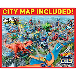 Hot Wheels Toy Car Track Set, T-Rex Rampage Playset & 1:64 Scale Vehicle, Launch into the Giant Dinosaur