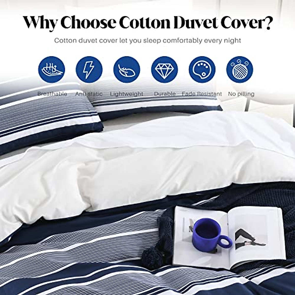 CozyDH Cotton Duvet Cover King - 100% Cotton 400TC Navy Blue Duvet Cover King Size, Soft and Breathable King Duvet Cover Set for All Season, Striped Pattern 3pcs Bedding Set (King, 104"x90")