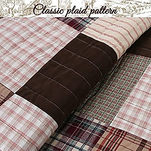 Cozy Line Home Fashions Brody Farmhouse Chocolate Plaid Striped Real Patchwork Reversible Quilt Bedding Set, Coverlet Bedspread (Brown Grid, King - 3 Piece)