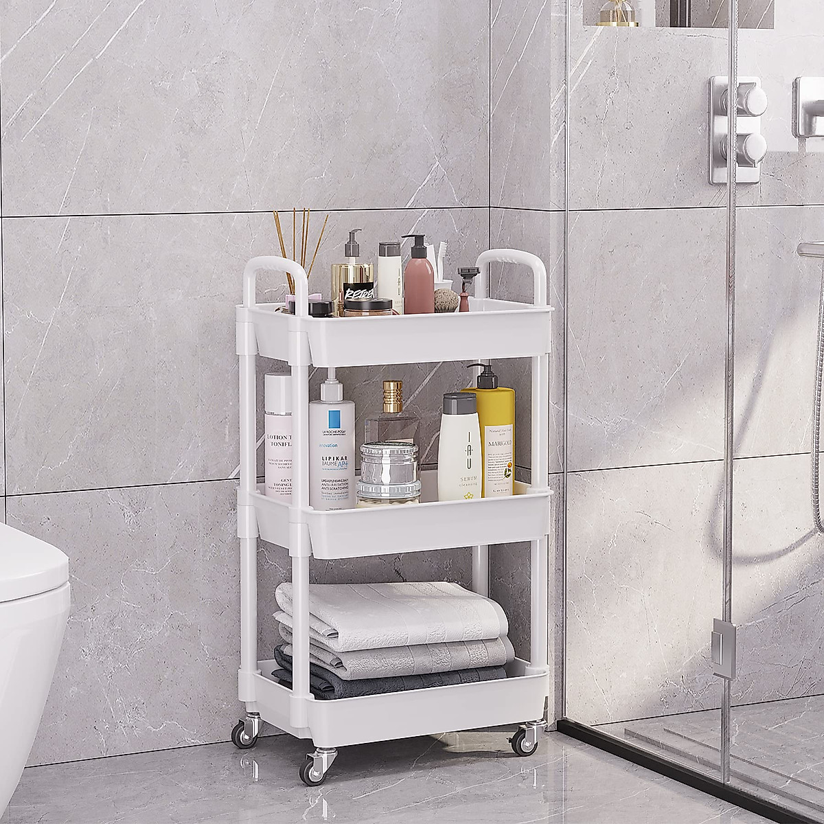 Buzowruil 3-Tier Utility Rolling Plastic Storage Cart Trolley with Lockable Wheels,Multifunctional Storage Shelves for Kitchen Living Room Office,White