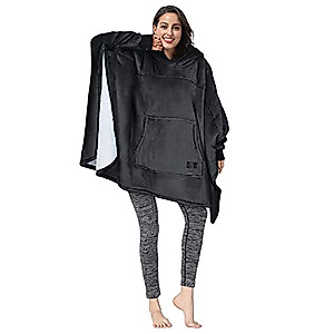 Tirrinia Oversized Hoodie Blanket Batwing Sleeve Sweatshirt Cozy Sherpa Huge Wearable Blankets Gift for Adults Women Teenagers Wife Girlfriend Black