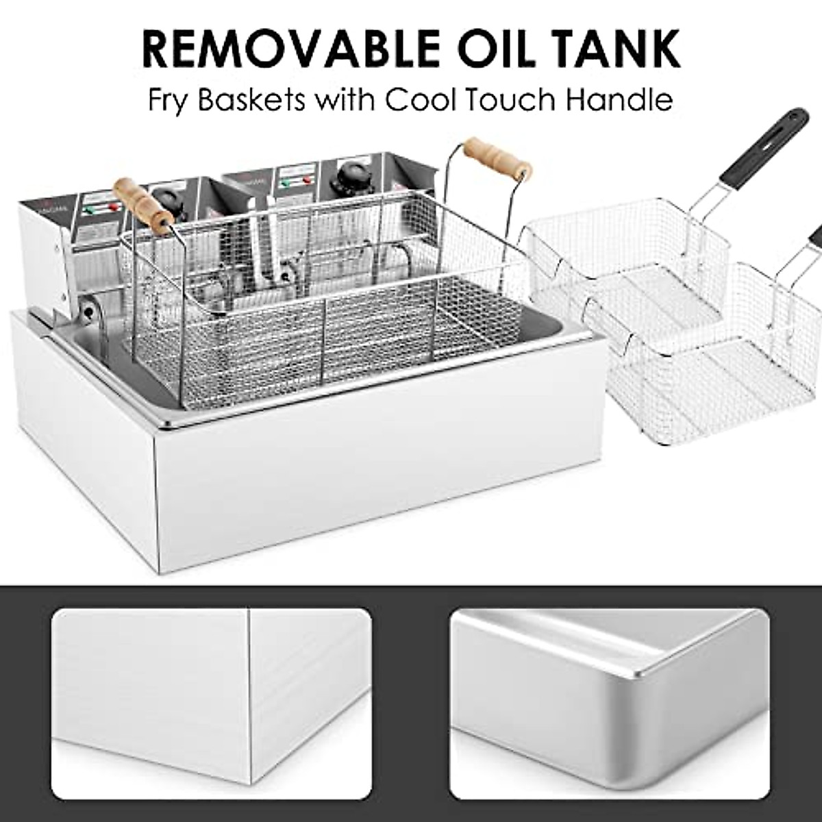 TANGME Commercial Deep Fryer, 3400w Electric Deep Fryer with 3 Baskets, 22L/23.25QT 1mm Thickened Stainless Steel Countertop Oil Fryer with Temperature Limiter for Restaurant and Home Use