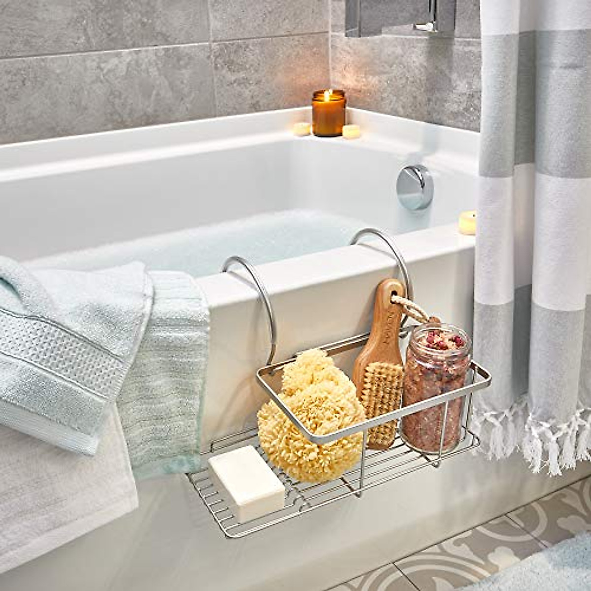iDesign 23825EU Everett Drill Bathroom Storage, Small Metal Hanging Tray, Bath Caddy for Soap, Cosmetics, Books, Tablet and Phone, Matte Silver, 30.7 cm x 26 cm x 17 cm