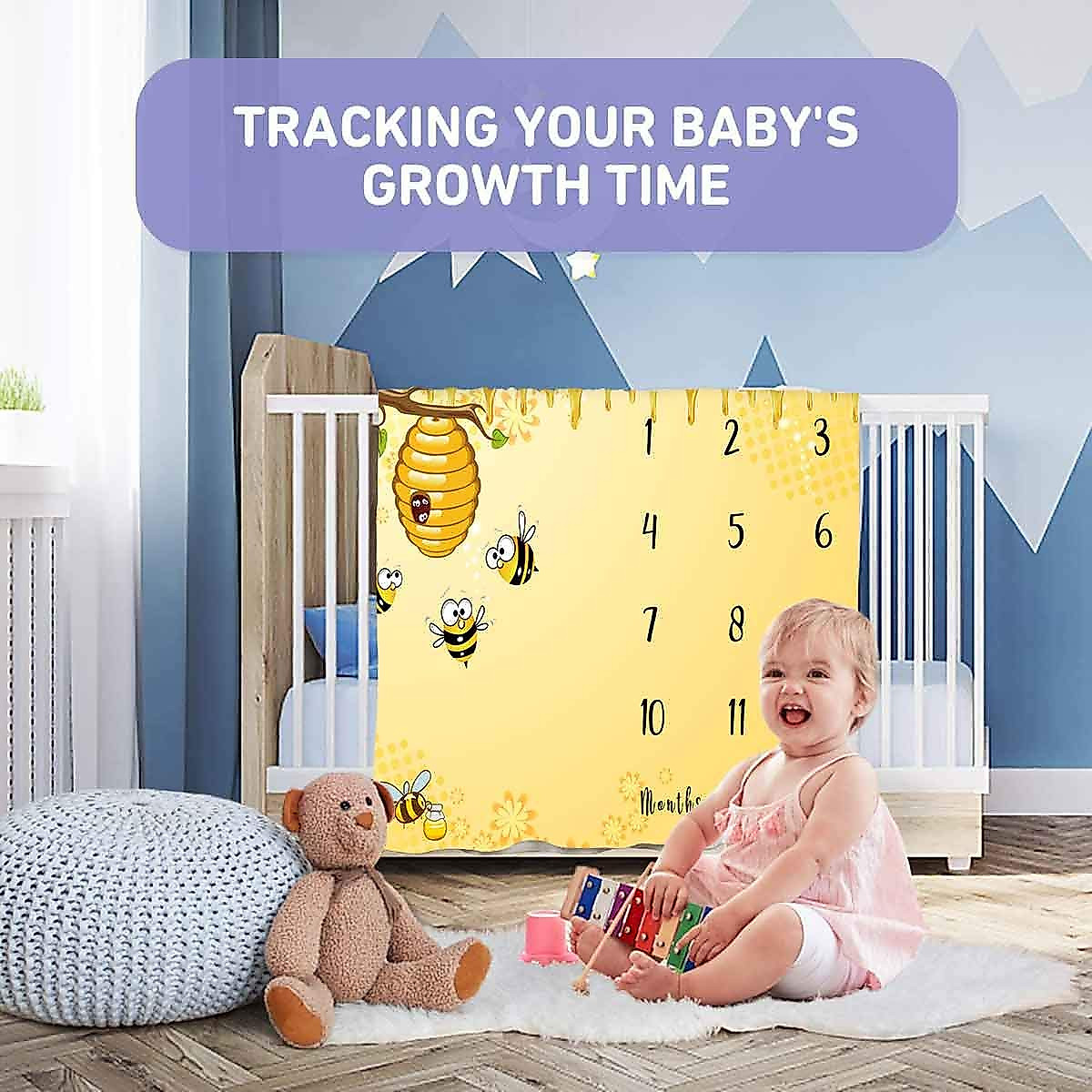 PHMOJEN Baby Age Milestone Blanket, Bee Honeycomb Blanket for Nursery, Baby 1-12 Months Growth Chart, Includes 4 Frame and 1 Headband 47"x40" BTQQPH33