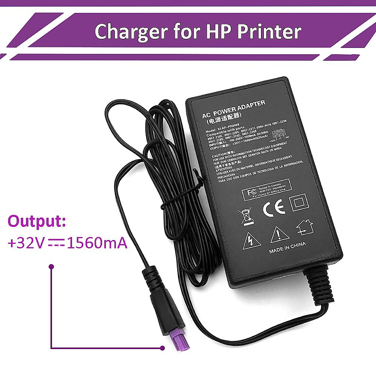 32V 1560mA AC Adapter for HP Photosmart B210 C7250 C7280 C310 OfficeJet 7400A 6500 7612 J4550 4500 Printer All-in-One 4500 J4540 C6180 6000 4500 Wireless Printer Charger Cord