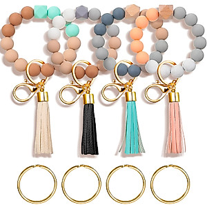 4 Pieces Silicone Key Ring Bracelet Beaded Wrislet Keychain Circle Keychains for Women Round Keychain Bracelet Portable Car Key Holder Stretchy Bangle Keychain with Leather Tassel for Unisex Adults