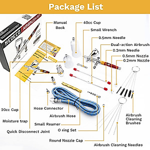 NEOECO Multi-Purpose Airbrush Kit, Dual-Action Gravity Feed Air Brush Sets with with Crown Nozzle, 9cc 20cc 40cc Cup, 0.2, 0.3 & 0.5mm Needles for Makeup Nail Art Shoes Tattoo Cake Toy Model