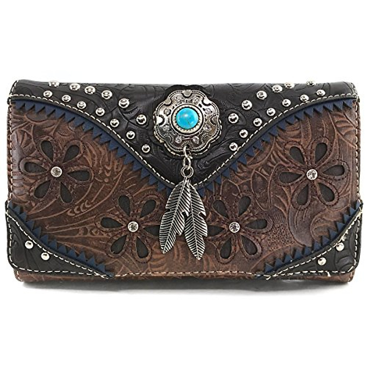 Justin West Turquoise Stone Concho Feathers Western Tooled Studs Concealed Carry Handbag Purse (Brown Wallet Only)