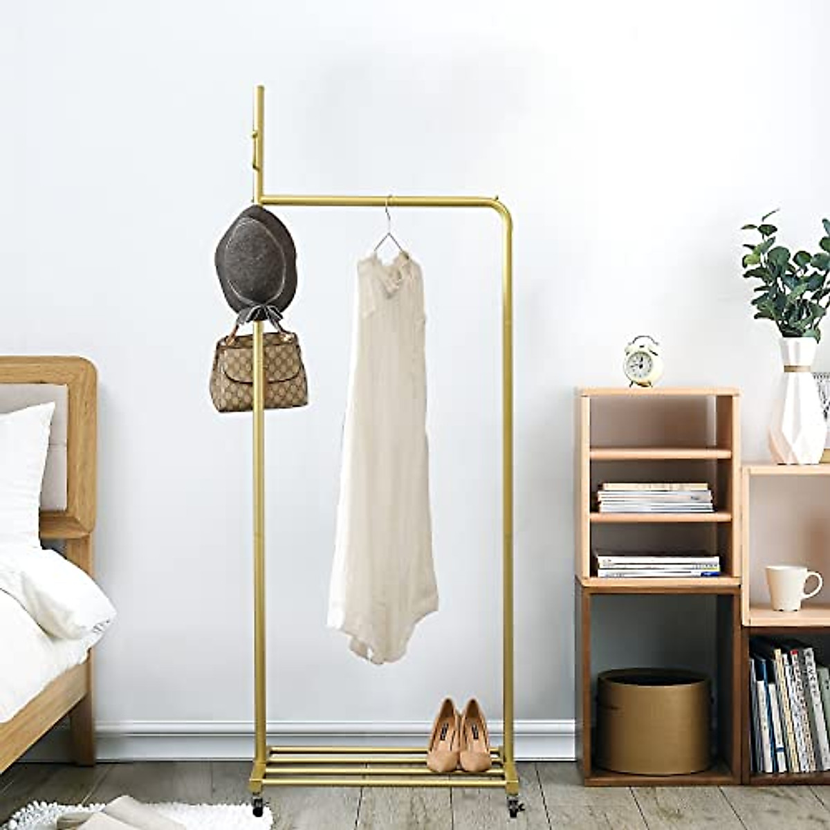 FJANKUI Clothing Garment Racks with Lockable Wheels, 3-in-1 Rolling Clothes Rack for Hanging Clothes, 5 Side Hooks and Bottom Shelves Organizing Clothes,Shoes,bags,hats(23.6in gold)