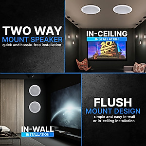 Pyle Pair 6.5” Flush Mount In-wall In-ceiling 2-Way Home Speaker System Spring Loaded Quick Connections Dual Polypropylene Cone Polymer Tweeter Stereo Sound 200 Watts (PDIC1661RD) White