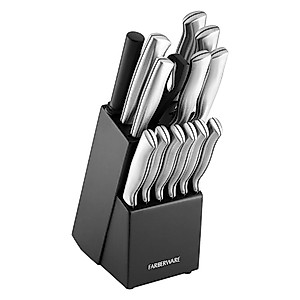 Farberware Stamped 15-Piece High-Carbon Stainless Steel Knife Block Set, Steak Knives & 3-Piece Bamboo Cutting Board, Set of 3 Assorted Sizes, Brown